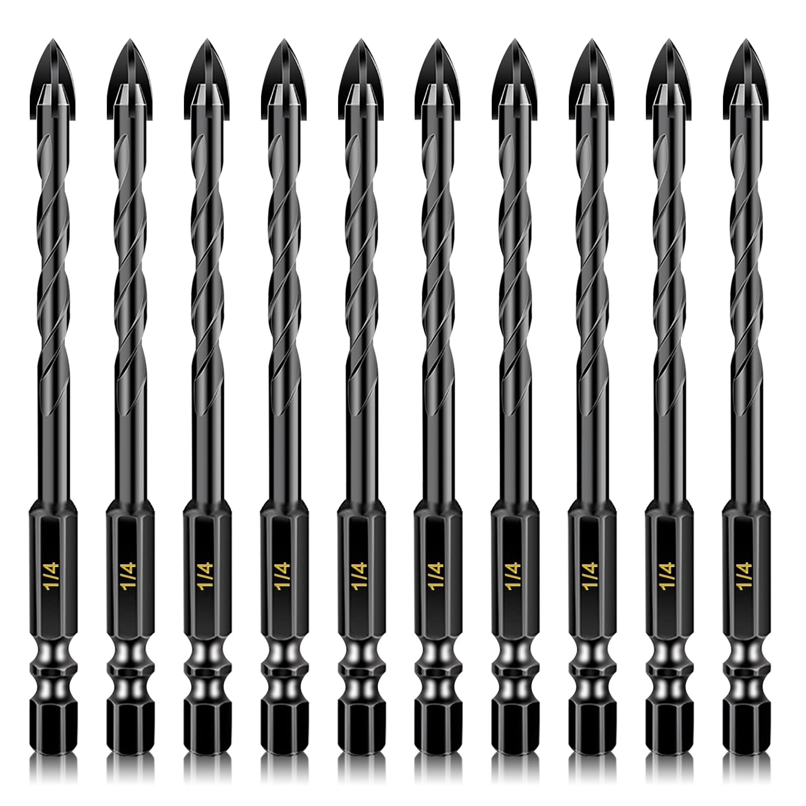 10 Pack 1/4" Concrete Drill Bits, Masonry Drill Bit Set, 6mm Tungsten Carbide Drill Bit Set for Tile/Ceramic/Glass/Mirror/Brick/Plastic/Cement, 1/4" Quick Change Hex Shank, in Carrying Case