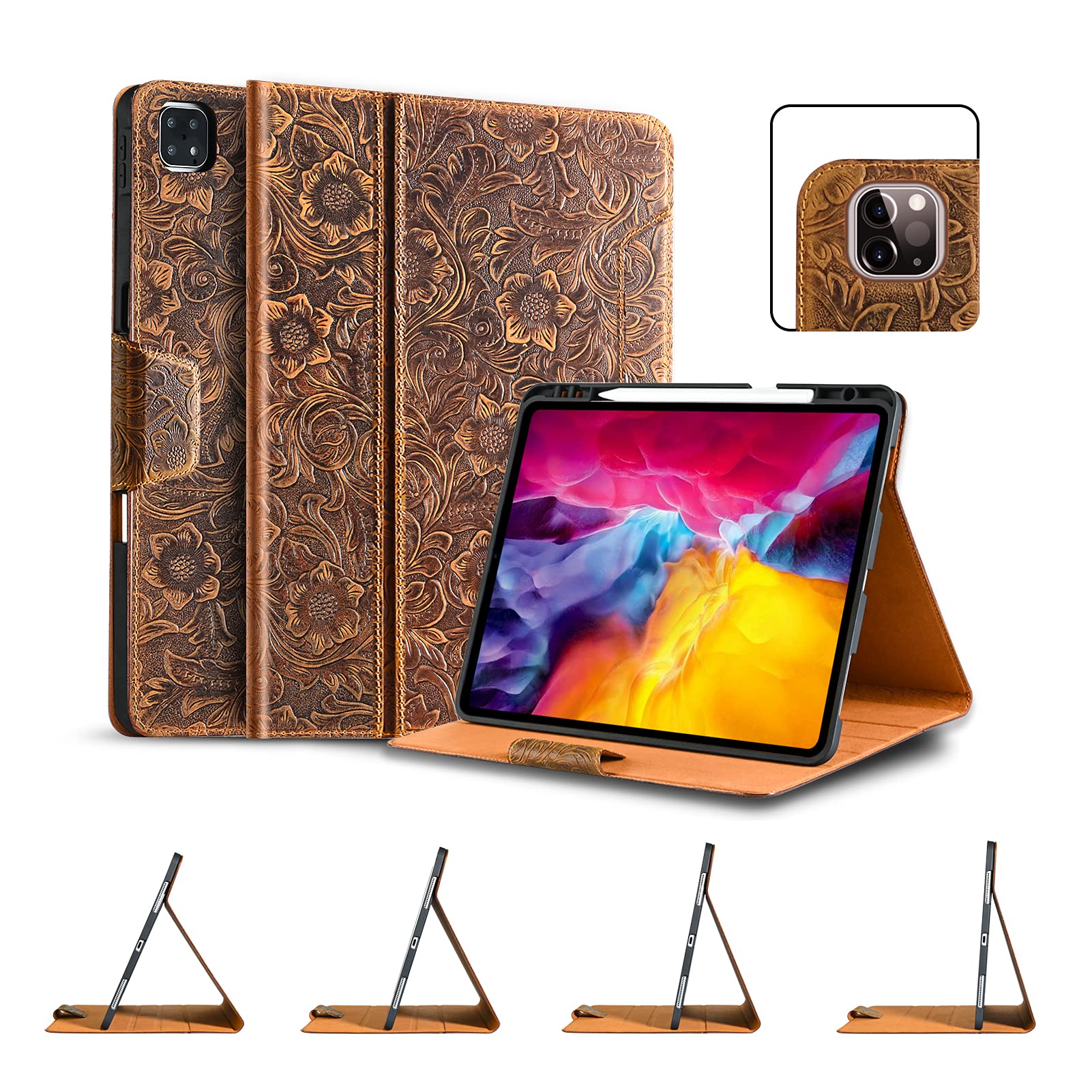 Gexmil Case for iPad Pro 11 Inch,4th/3rd/2nd/1st Generation(2022/2021/2020/2018) Genuine Leather Cover with Pencil Holder,Cowhide Folio Cover,Auto Sleep/Wake Magnetic Closure,Flower Brown