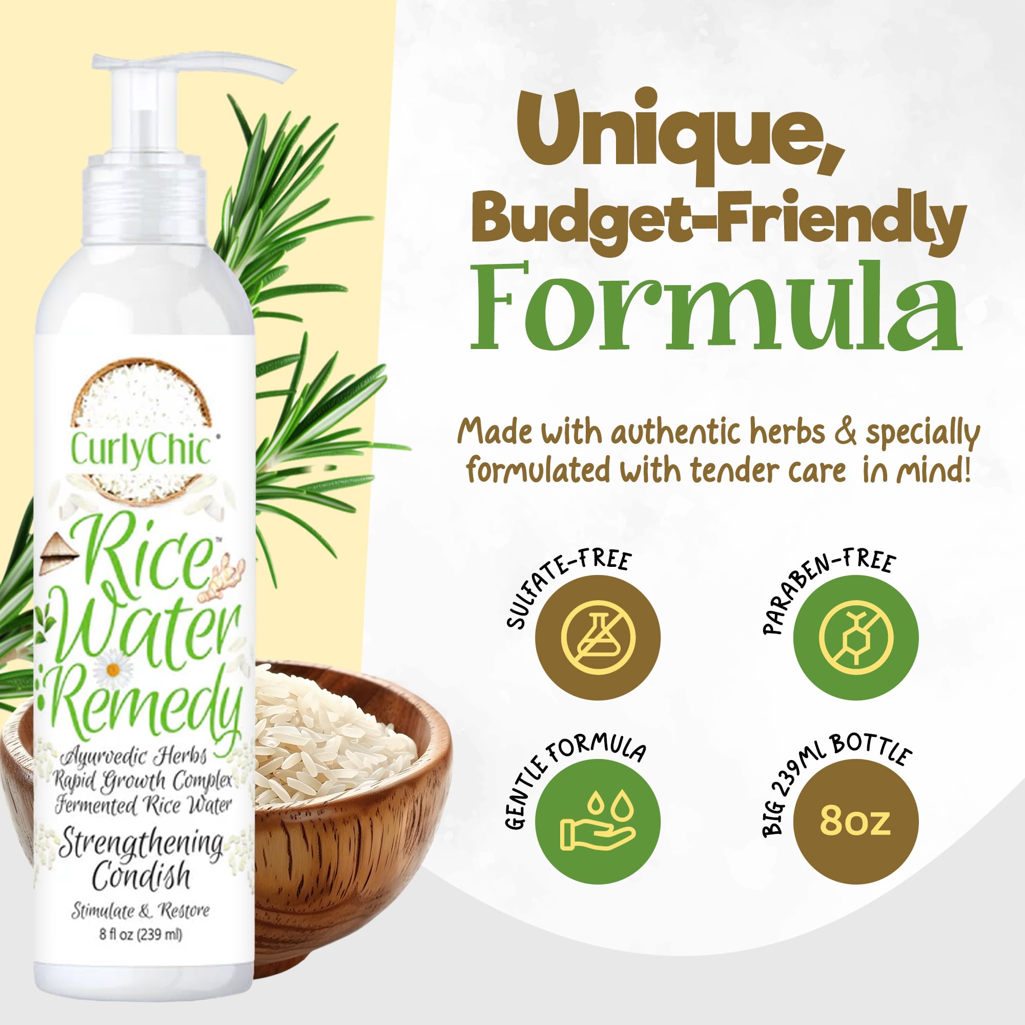 CurlyChic Rice Water Remedy Strengthening Condish - Ultra-Moisturizing, Protein-Balanced, Ayurvedic Herbs, Sulfate & Paraben-Free - Repairs & Protects Hair, Prevents Breakage & Split Ends - 8 fl oz