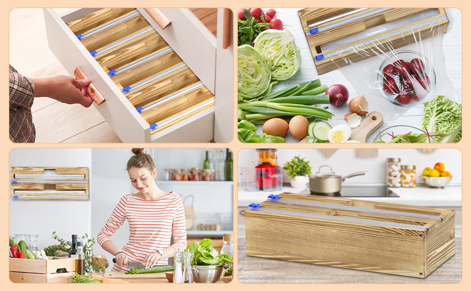 2 in 1 Wood Plastic Wrap Dispenser with Cutter, Foil Plastic Wrap Roll Organizer for Kitchen Drawer, Aluminum Foil, Wax Paper, Parchment, Saran Wrap Dispenser for Organization and Storage