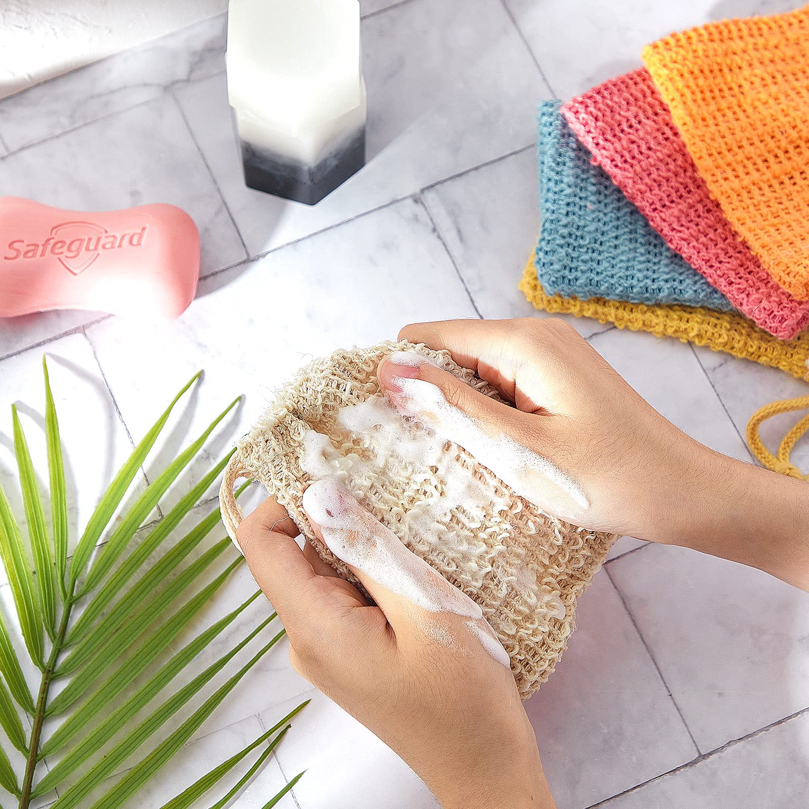 BBTO 5 Pieces Soap Saver Bag Natural Sisal Exfoliating Soap Pouch for Foaming and Drying, Shower, Scrubber(9 x 14 cm,White, Pink, Blue, Yellow, Orange)