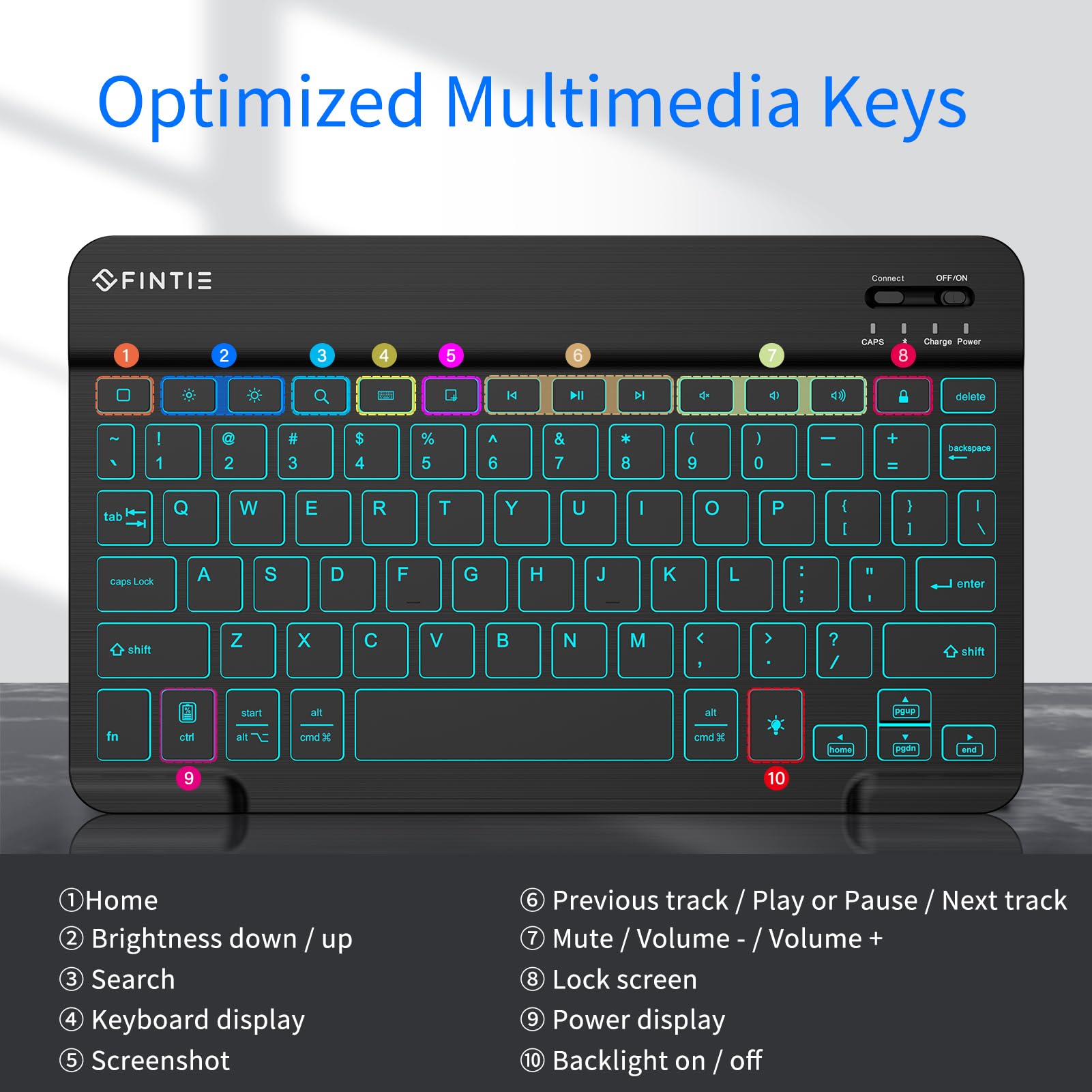 FINTIE 10-Inch Ultrathin Wireless Bluetooth Backlight Keyboard, [7 Color Backlit] Rechargeable Keyboard for iPad Samsung Tablet, iPhone Smartphone, iOS, Android Tablets Phone, Black