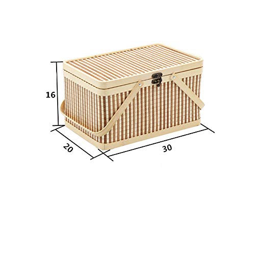 HEFUTE Handmade Bamboo Basket with Lid, Handle Square Portable Organizer with Lock Fit for Clothes Storage Lightweight Durable Easy to Carry
