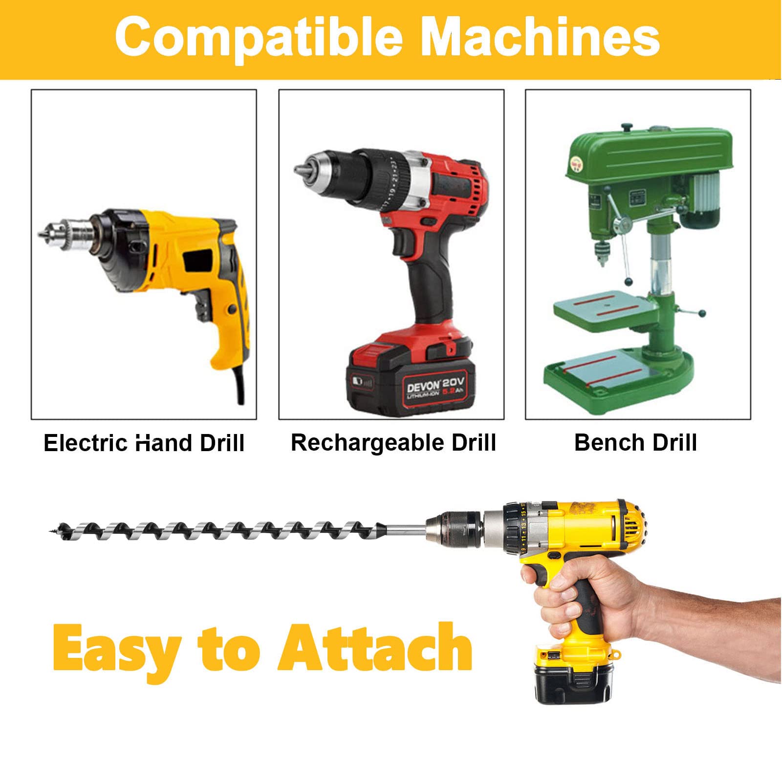1/2-Inch x 12-Inch Auger Drill Bit for Wood, Long Drill Bit with Hex Shank 3/8-Inch, Carbide Auger Drill Bits for Soft and Hard Wood, Plastic, Drywall and Composite Materials