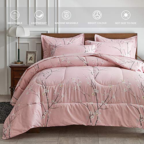 AIKASY Bed in a Bag 6 Pieces Twin Size - Floral Print - Soft Microfiber, Reversible Bed Comforter Set (1 Comforter, 2 Pillow Shams, 1 Flat Sheet, 1 Fitted Sheet, 1 Pillowcases)(Pink, Twin)