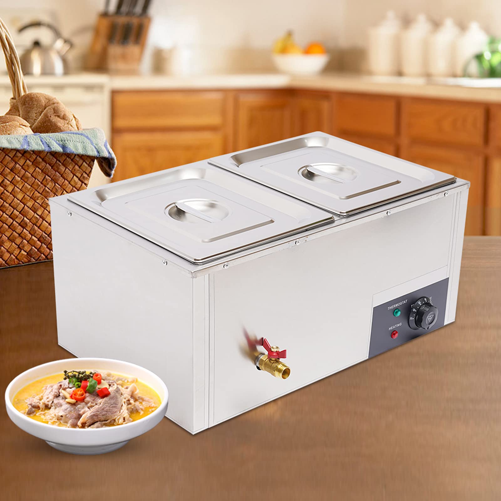 110V 2-Pan Commercial Food Warmer,850W Electric Steam Table Adjustable Temperature,Professional Stainless Steel Buffet Bain Equipment for Catering Restaurant