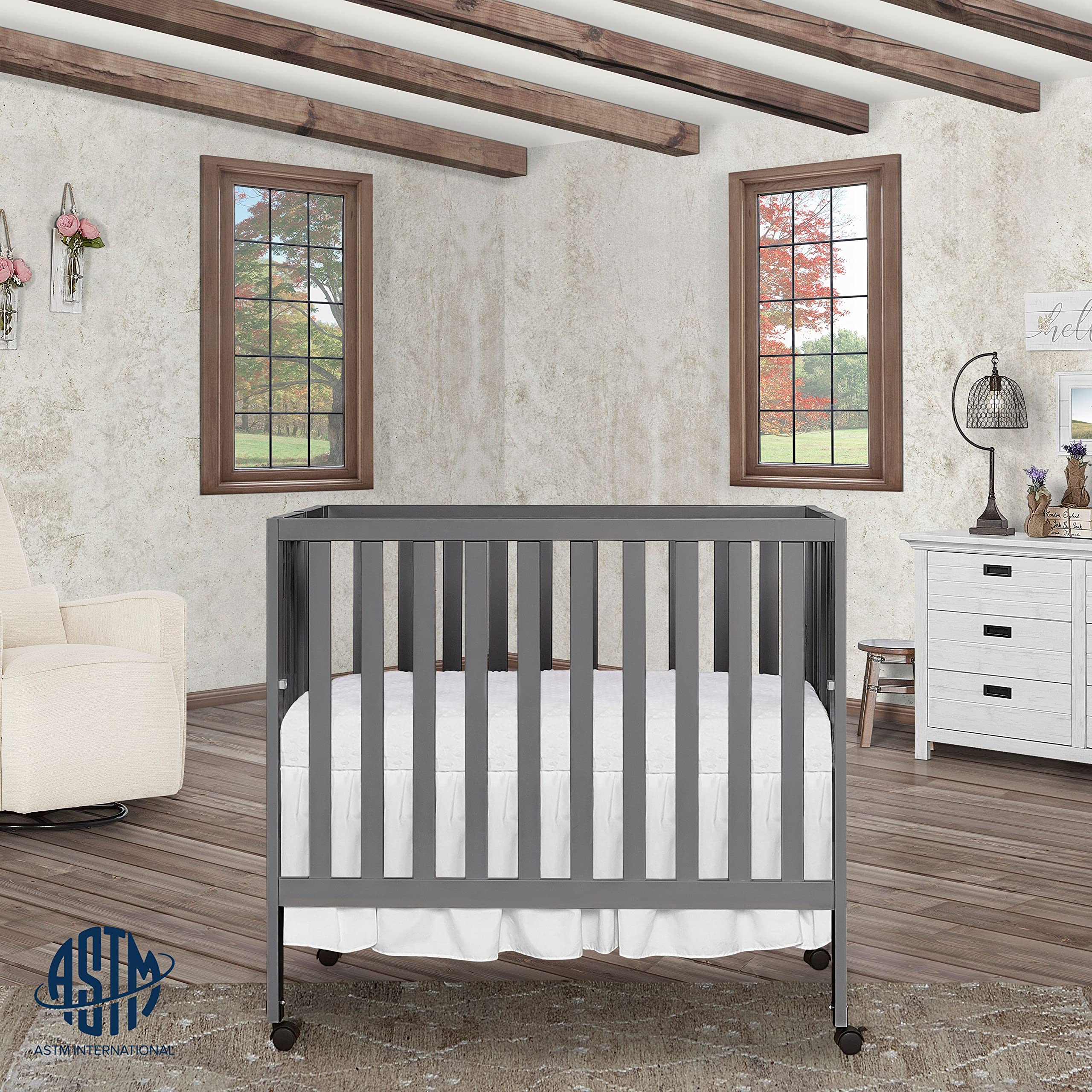 Dream On Me Jett Non-Full Size Folding Convertible Crib, Lightweight Portable Crib, Three Adjustable Mattress Height Settings, Easy to Fold Travel Crib, 1.5” Mattress Pad Included