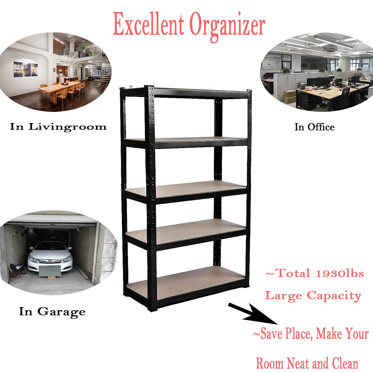 5 Shelf Adjustable Storage Shelving Unit, 59 Inch Tall Heavy Duty Garage Shelf with Boltless System, Metal Multi-Use Storage Shelving for Industrial Workshop / Garage, 1930LBS Total Capacity