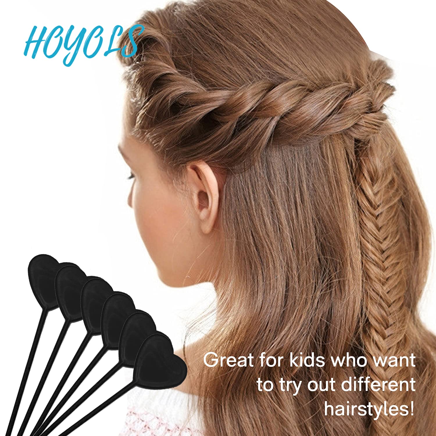 Hoyols 12pcs Quick Topsy Tail Hair Beader for Braiding Beads on Braids, Loop Threader and Braider for Kids Girls, Ponytail Hair Styling Maker Set of 12 - Black