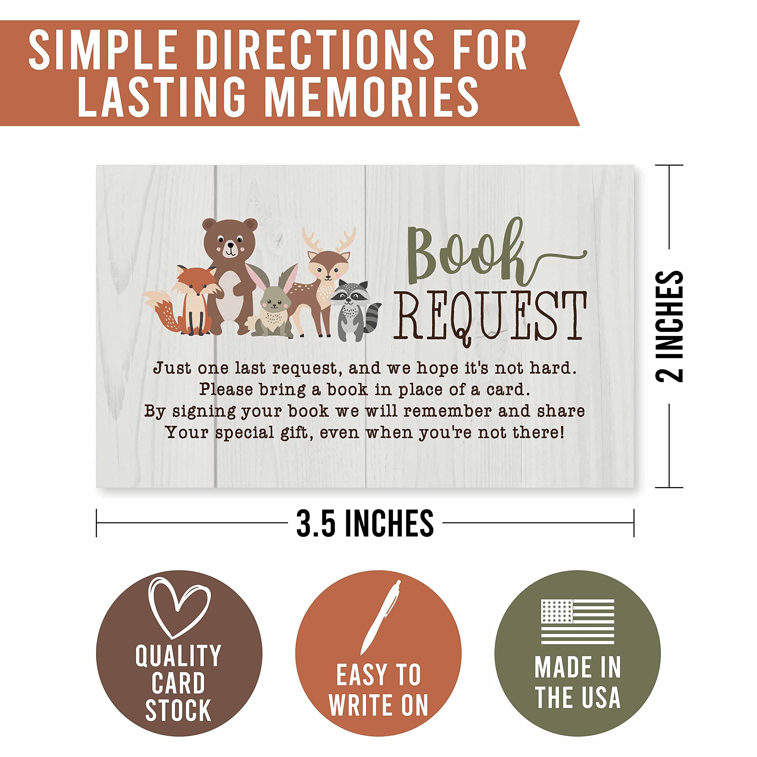 Hadley Designs 25 Cute Rustic Woodland Forest Invitations, 25 Books for Request Cards, Sprinkle Invite for Toddlers, Bring A Book Instead Of A Car, Invitation Inserts for Baby Shower