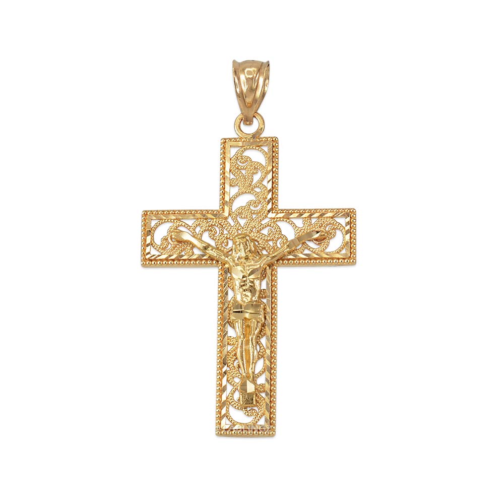 10K Yellow Gold Filigree Crucifix Cross DC Pendant (Large)