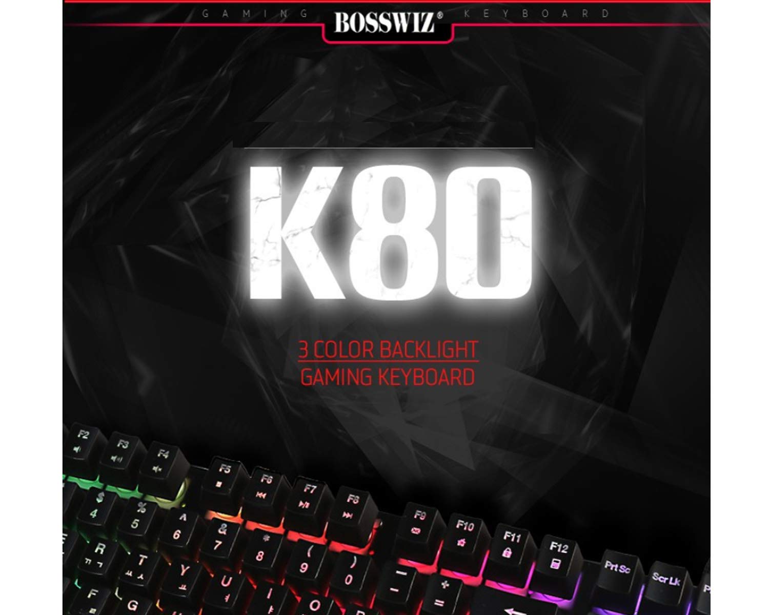 Bosswiz Gaming Keyboard, K80 3 Color Backlight LED, Mechanical, USB, 104 Keys, Korean/English (QWERTY), Ambidextrous, Modern Style, Office Use