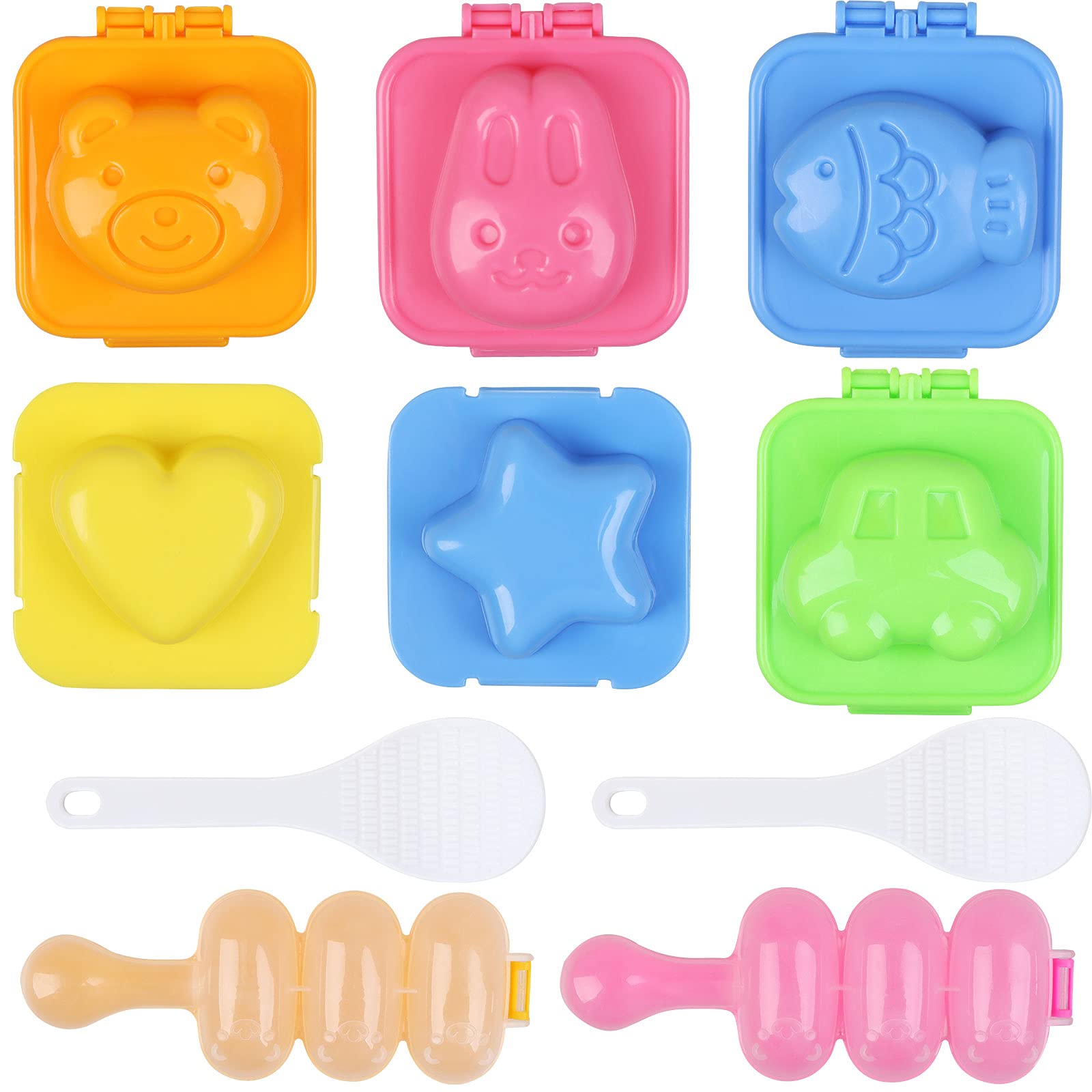 10 PCS Rice Ball Molds Egg Sushi Rice Mold Non-Stick Rice Ball Maker Shake Rice Ball Maker Mold Include 2 PCS Rice Ball Mold Shaker and 6 PCS Animal Boiled Egg Rice Sushi Molds for Beginner Kid-1