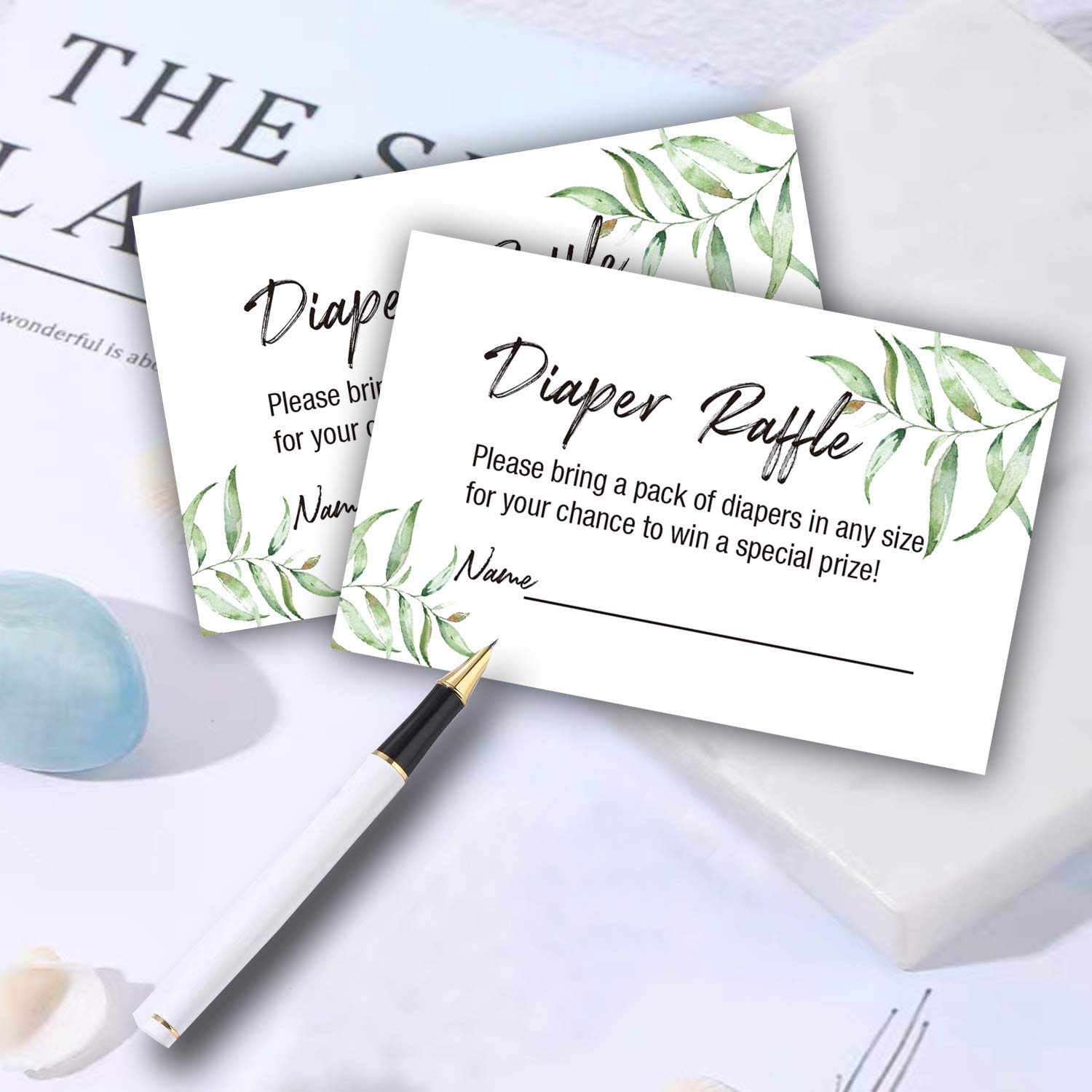 50 Greenery Diaper Raffle Tickets for Girl or Boy Baby Shower Invitations, Baby Shower Games, 3.5" x 2" with Name Line