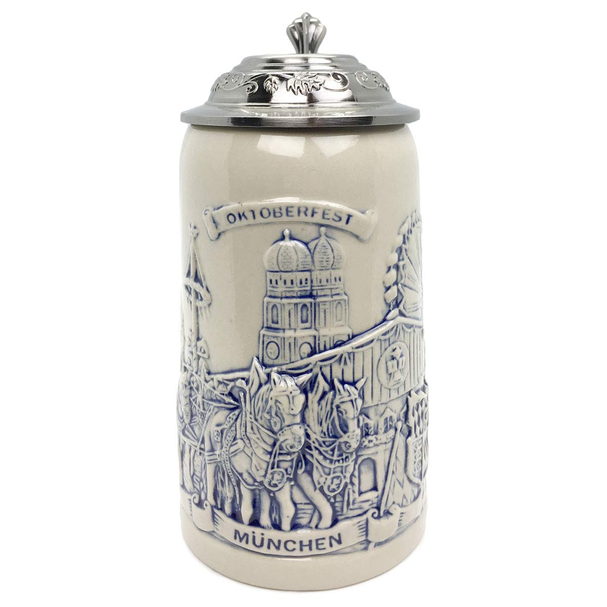 1 Liter | OktoberfestHaus Oktoberfest Mugs Engraved Beer Stein German Raised Relief Munich Festival Scene Stoneware Beer Mug Tankard With Lid