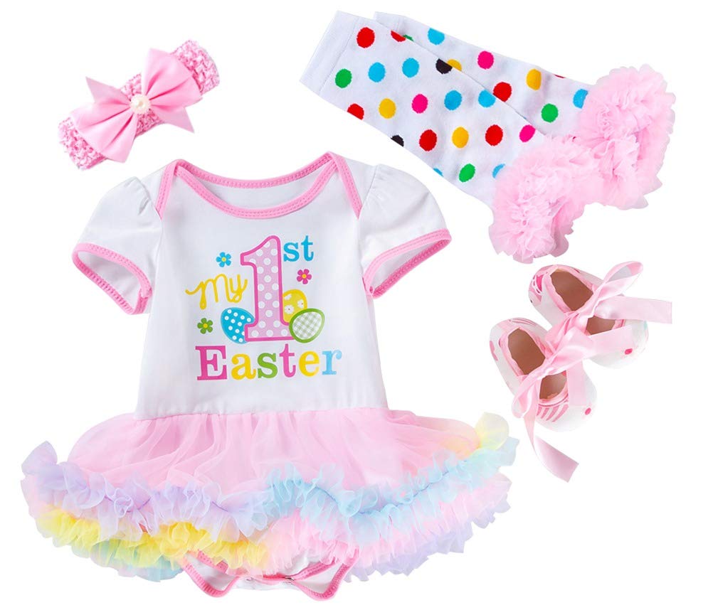 AGQT Newborn Baby Girls 1st Easter Outfit Set 4Pcs Bunny Skirt Set Onesie Bodysuit Romper Pink Size 0-3 Months(59)