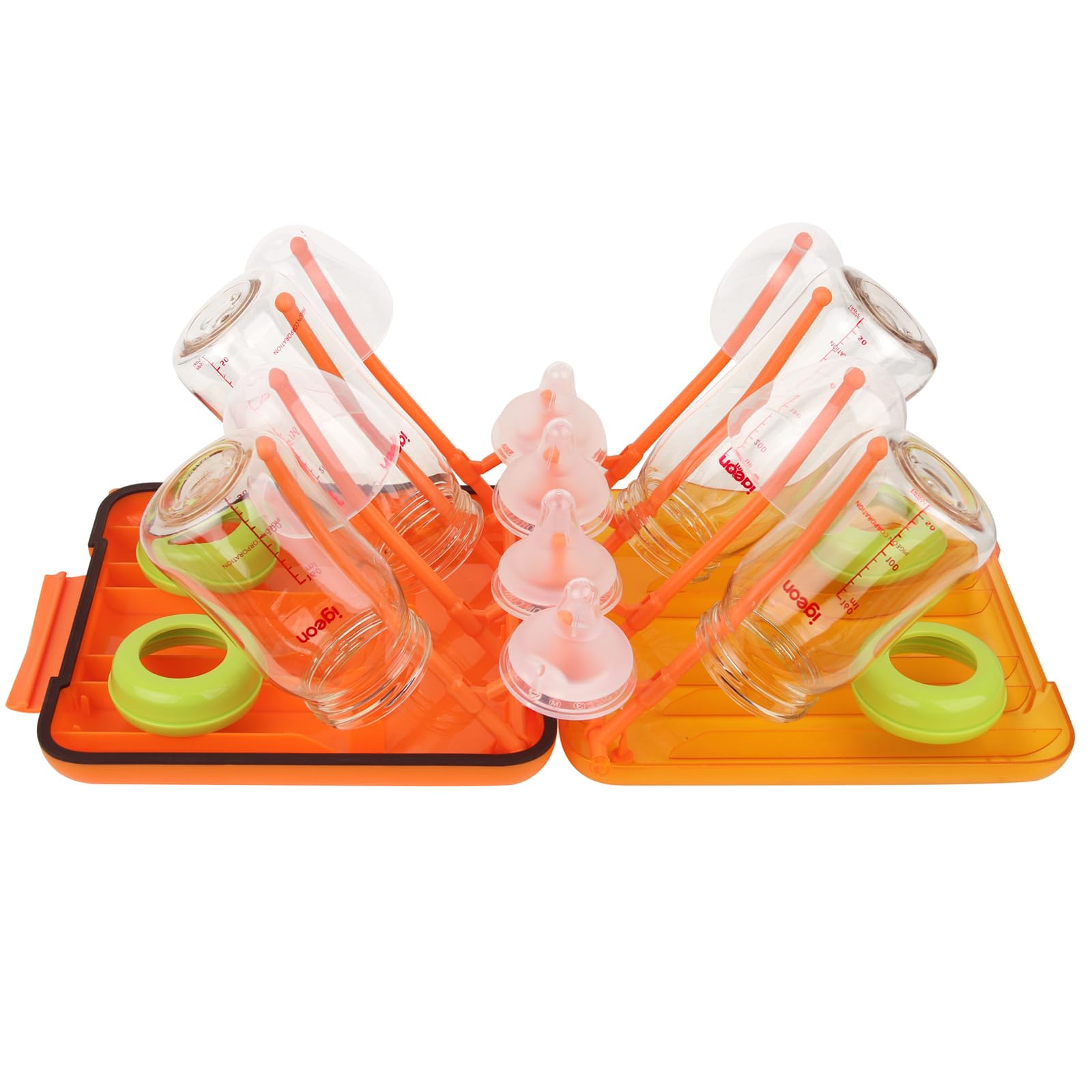 Rrwin Bottle Brush Cleaner Kit with Baby Bottle Drying Rack, Exendable Silicone Bottle Brush, Nipple Brush, Straw Brush, Soap Dispenser & Storage Box. Compact Size for Babies and Moms,Orange