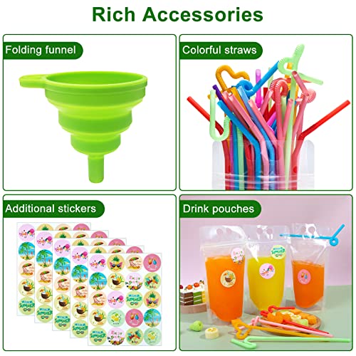 100 Pcs Drink Pouches for Adults Stand-Up Juice Pouches, Hand-Held Reclosable Drink Bags Plastic Zipper Juice Bags with Straws Silicone Funnel(Come with 100 Pcs Round Stickers)