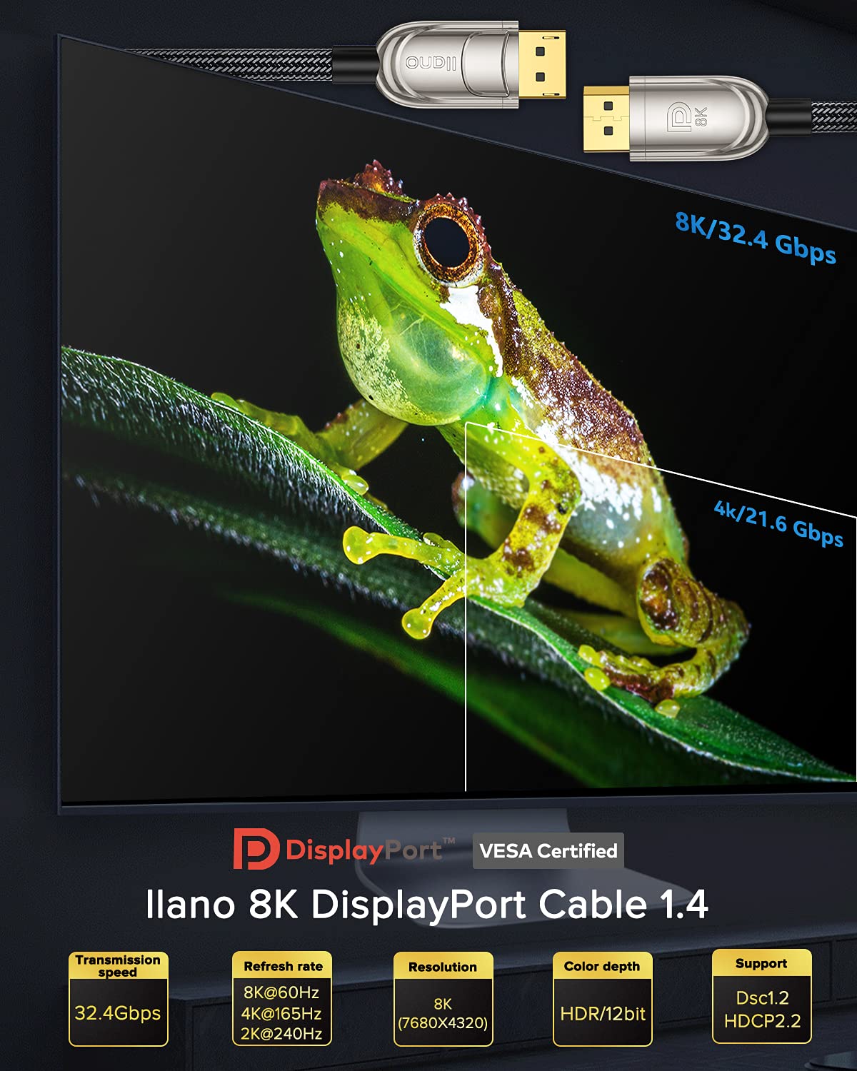 llano 8K DisplayPort 1.4 Cable 10ft, DP 1.4 Cable with latches 32.4Gbps 240Hz High Refresh Rate Male-to-Male Connection Cable for Game E-Sports Monitor, 28AWG Pure Copper Wire Core