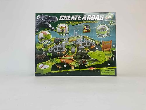 174 PCS Flexible Dinosaur Train Tracks and Race Cars Playset with 8 Dinosaurs Figures, Electric Vehicles, Lights - Create Road Racing World for Toddlers and Kids