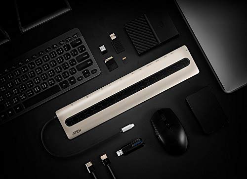 ATEN UH3237 USB-C Docking Station 13-in-1 USB C Dock for 13 Devices USB SD Micro SD with Power Pass-Through 85W PD 3.0 4K at 30Hz one HDMI or Dual Display Output at 60Hz Gold and Black Premium Design