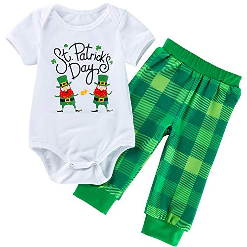 AGQT Toddler Baby Boy Girls St. Patrick's Day Outfit Set Green Shamrock 2pcs Romper Pant Set Two Elf Size 12-24 Months(80)