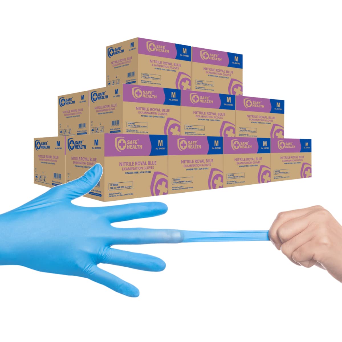 Safe Health Nitrile Exam Disposable Gloves, Bulk Supply of 16000 Pcs, Latex Free, Powder Free, Blue, Medium, Textured, 3.5 mil, Medical Grade, Food, Tattoo, Nursing, Cleaning, School