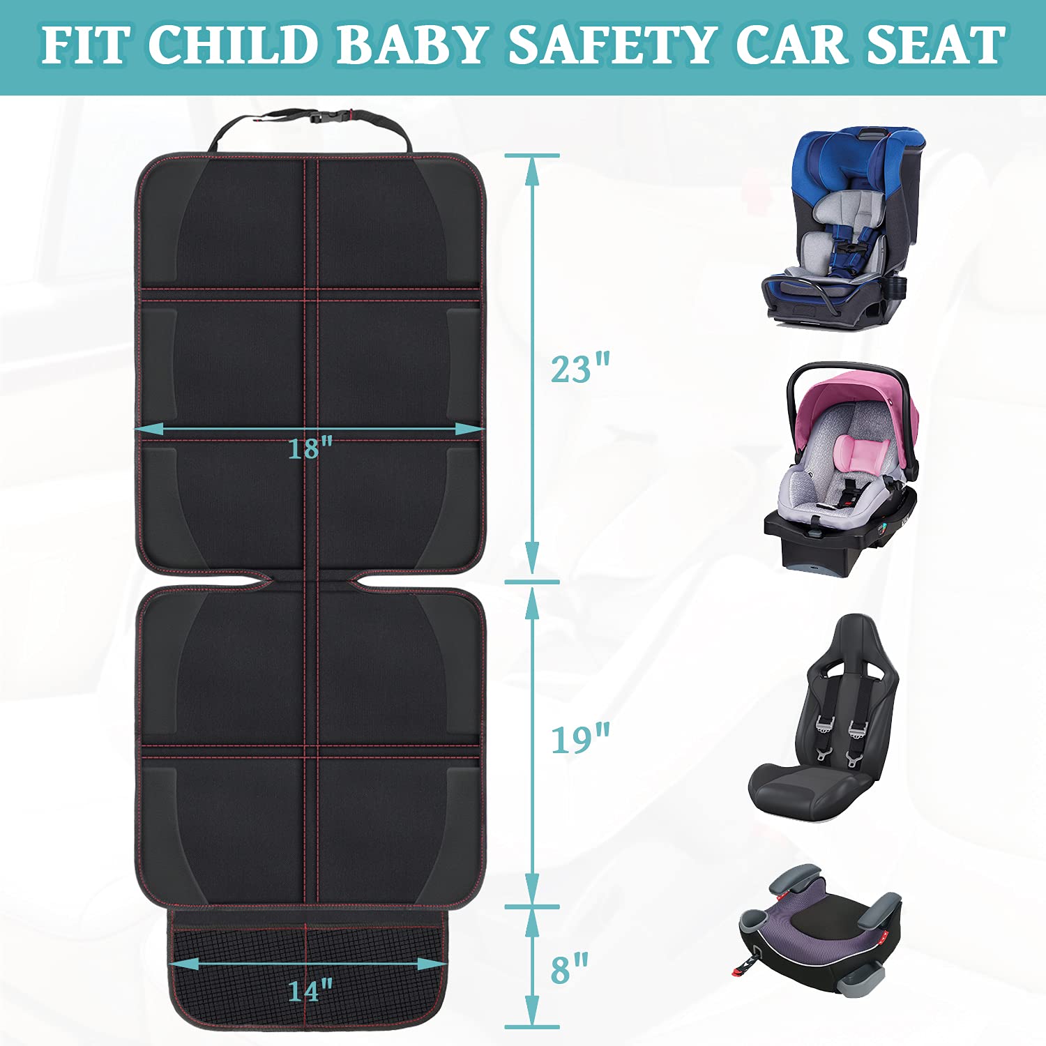 DOVODA Car Seat Protector, 2 Pack Large Auto Seat Protectors Protect Child Seats with Mesh Pocket, Thickest Padding Pat Durable, Waterproof 600D Fabric, Child Car Seat Cover for SUV Sedan Truck