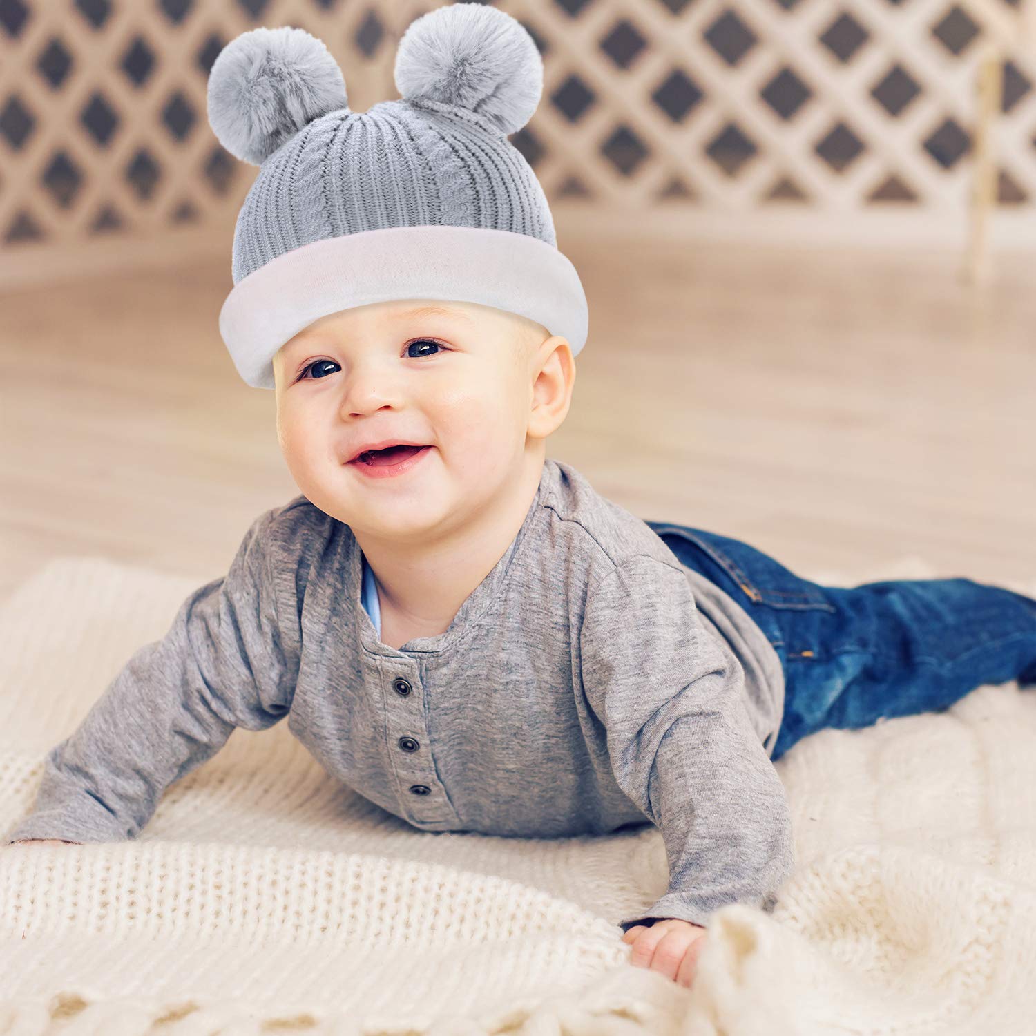 2 Pieces Kids Hood Scarf Kids Knit Hat Winter Thick Earflap Skull Caps for Boy Girls (Pink, Gray)