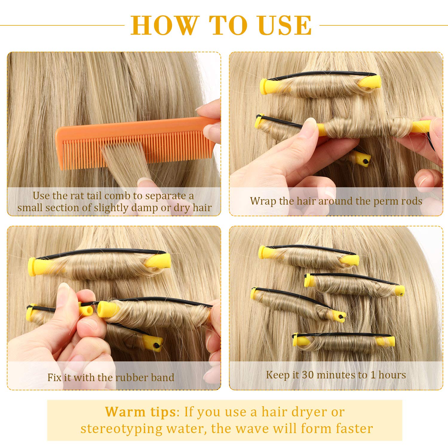 48 Pieces Plastic Curlers with Steel Pintail and Rat Tail Combs for Cold Wave Perming and Hairdressing Styling (Yellow and Orange, 0.28 Inch/ 0.7 cm)