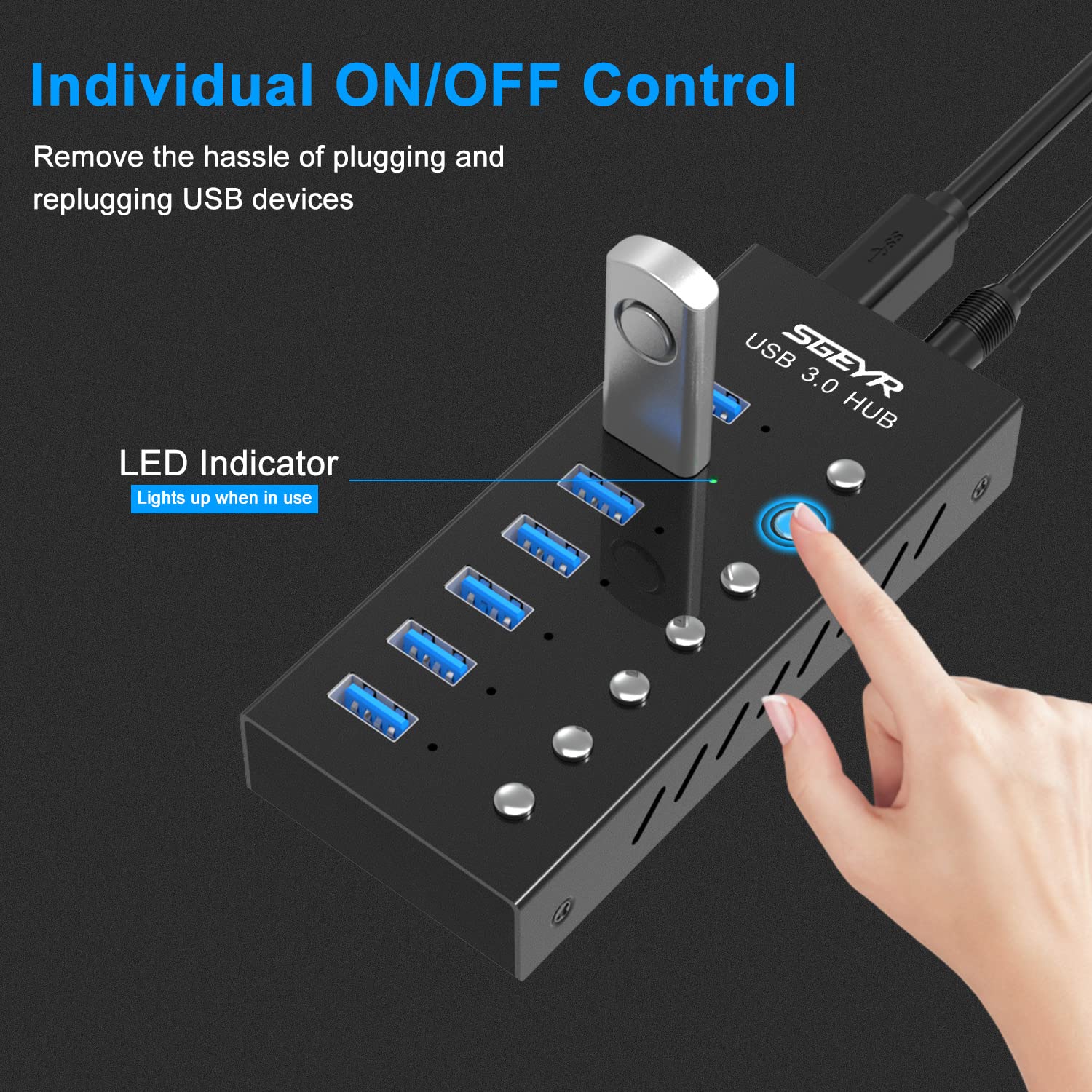 SGEYR Powered USB Hub, Aluminum USB 3.0 Data Hub Splitter 7 Ports with USB Charging Ports and Individual On/Off Switches with 12/2A(24W) Power Adapter for Laptop,HD Webcam,Printer (Light Black)