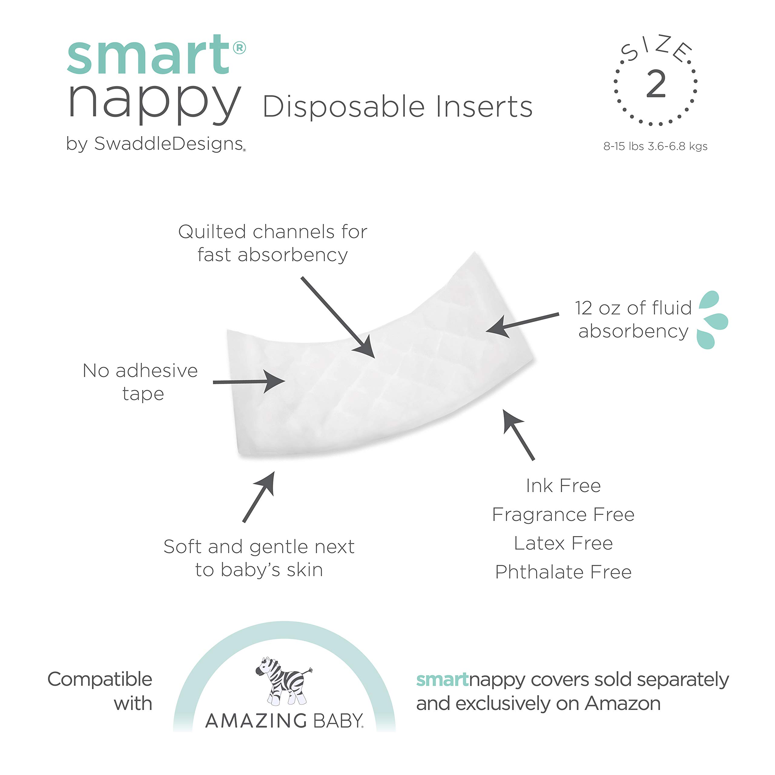 SmartNappy Disposable Inserts for by Amazing Baby Hybrid Diaper Cover, Extra Absorbent, No Plastic Liner, Size 2, 8-15 lbs, 72 Count
