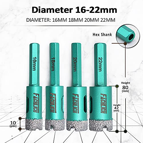 FACHLICH Dry Diamond Drill Bits,Diameter 5/6"(22mm) with Hex Shank Connection for Granite Marble Tile Porcelain Ceramic Hard Materials