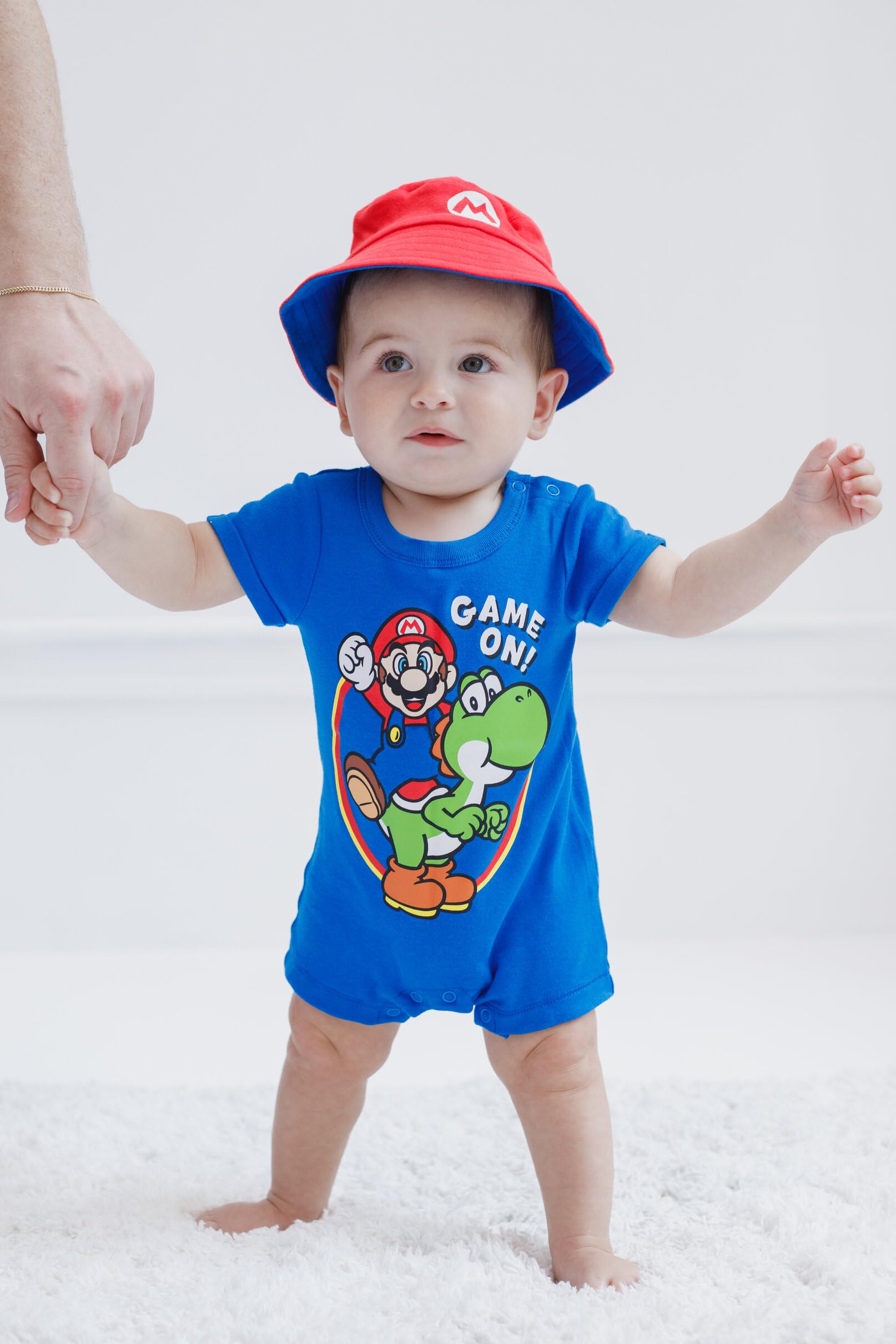Super Mario Nintendo Mario Yoshi Infant Baby Boys Romper and Bucket Sun Hat Blue/Red 12 Months