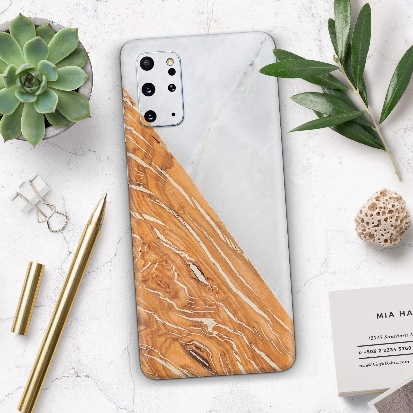 DesignSkinz Marble & Wood Mix V2 Protective Vinyl Decal Wrap Skin Cover Compatible with The Samsung Galaxy S20 (Screen Trim & Back Glass Skin)