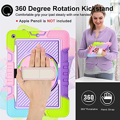 Hocase for iPad 9th/8th/7th Generation Case 10.2", with Pencil Holder/360 Rotation Stand/Hand Strap, Heavy Duty Shockproof Rugged Soft Silicone Hard Protective Case for Kids, Girls & Women - Rainbow