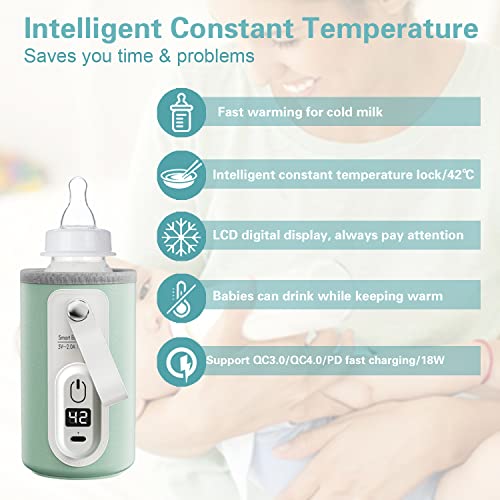SOPEWOD Portable Bottle Warmer, USB Bottle Warmer for Breastmilk and Formula with LCD Display, Fast and Accurate Heating of Baby Bottle Warmer for Car and Travel(Green)