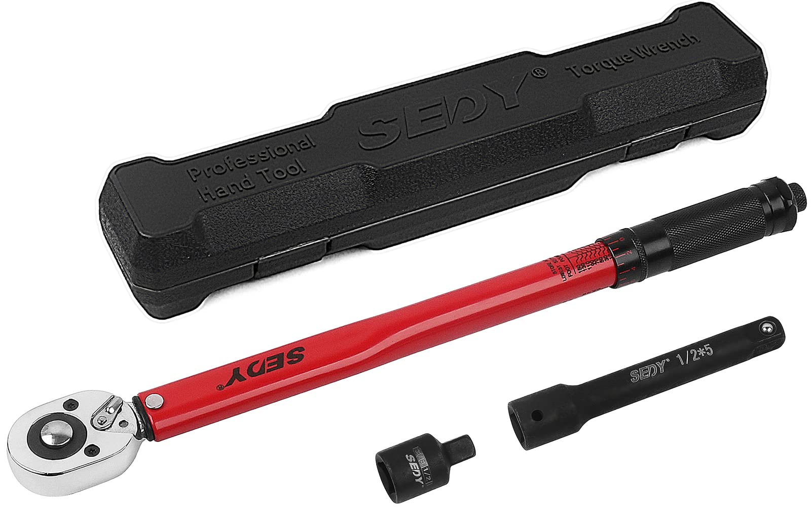 1/2-inch Drive Click Torque Wrench 1/2 Drive - Precision 10-150 ft.lb/13.6-203.5Nm Range, Ratcheting Head with Secure Locking Mechanism, Adapter & Extension