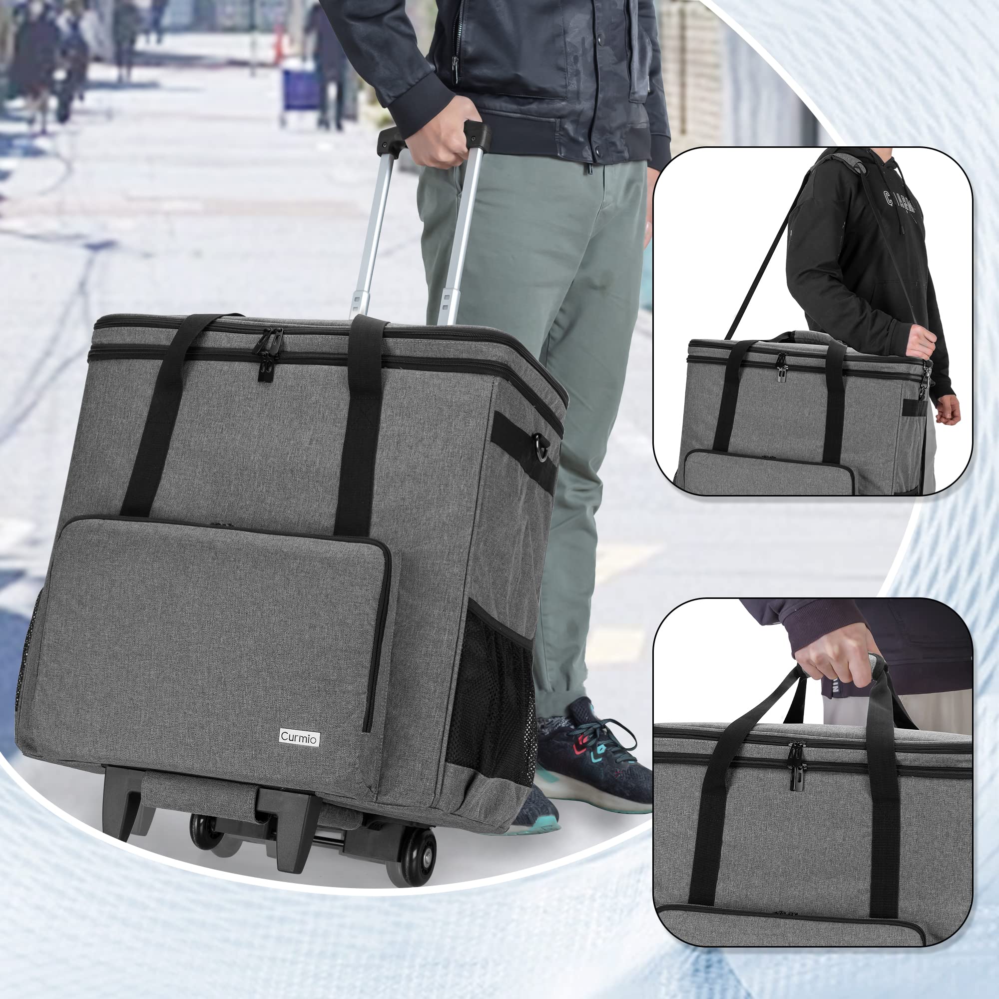 CURMIO PC Carrying Case on Wheels, Desktop Travel Bag with Detachable Trolley for PC Tower, Keyboard and Mouse, Gray (Bag Only, Patented Design)