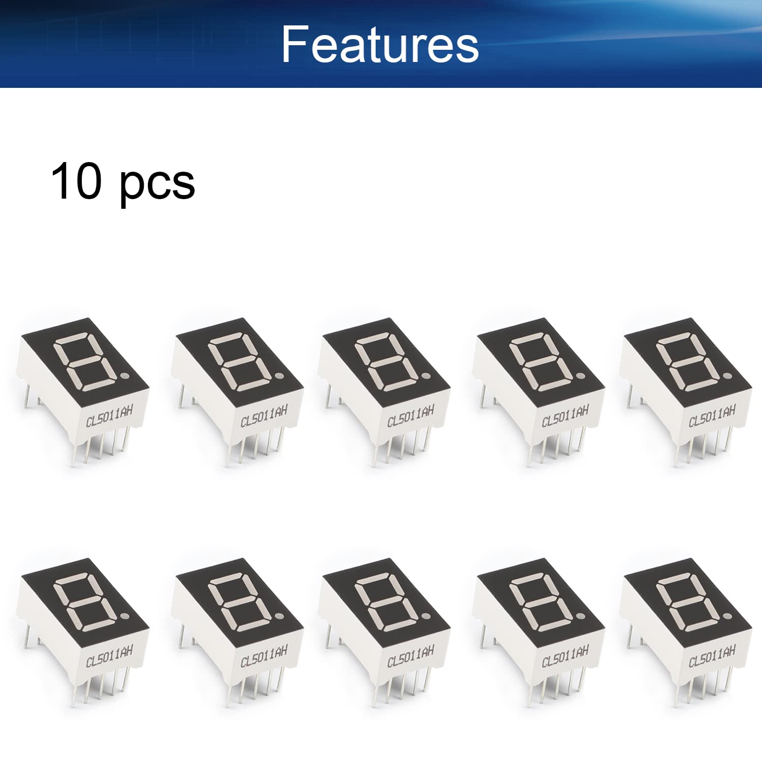Bettomshin 10Pcs LED Digital Tube Common Cathode 10 Pin 1 Bit 0.75 x 0.5 x 0.31 inch (LxWxH) 0.5" Red Display Digital 5011AH