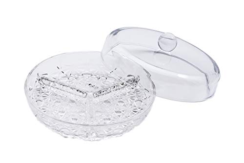 Huang Acrylic 3-Section Divided Serving Dishes with Lid | Round Snack and Condiment Tray with Cover | Multifunctional Party Snack Tray for Nuts, Candies, Fruit, and Veggies