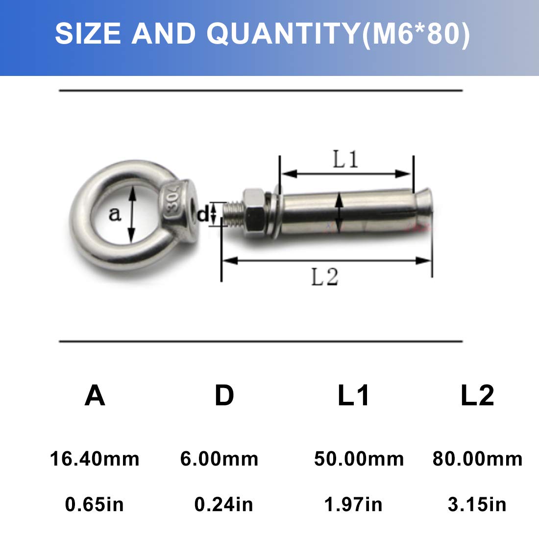 Amycheer Ring Lifting Expansion Eyebolt Screw Bolt 304 Stainless Steel Closed Hook Anchor Eye Bolt Wall Concrete Expansion Screws Bolts M6x80mm 5 Pack