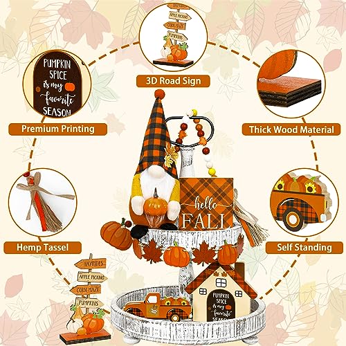 12 PCS Fall Decorations for Home, Fall Tiered Tray Decor, Rustic Farmhouse Autumn Wooden Signs Plush Gnome Bead Garland Pumpkins Maple Leaves Banner Hello Fall Ornament for Harvest Table Centerpieces