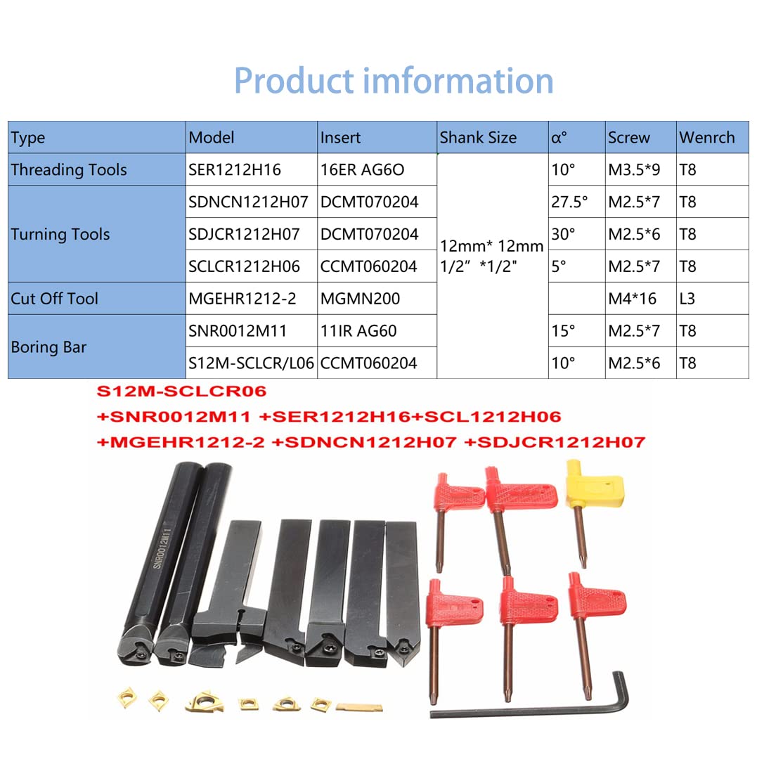 1/2" CNC Carbide Lathe Turning Insert Tool, 12mm Shank Indexable Lathe Boring Bar Turning Tool Holder Set With Carbide Inserts For Semi-finishing and Finishing-21pcs (1/2"-21PCS)