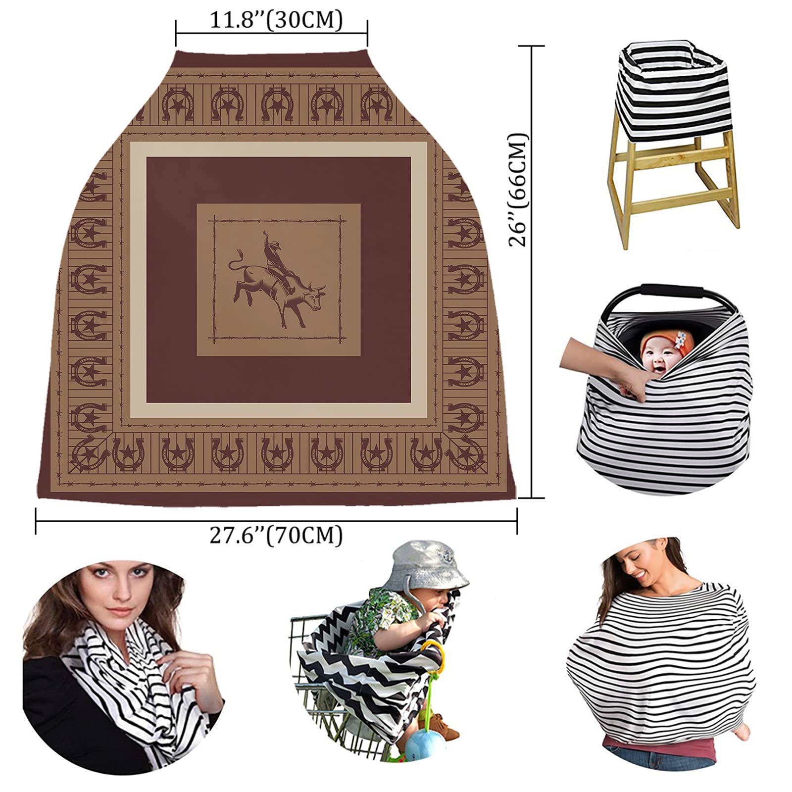 Western Cowboy Baby Car Seat Covers, Nursing Cover Breastfeeding Scarf/Shawl, Infant Carseat Canopy, Stretchy Soft Breathable Multi-use Cover Ups, Horseshoe Pentagram Brown