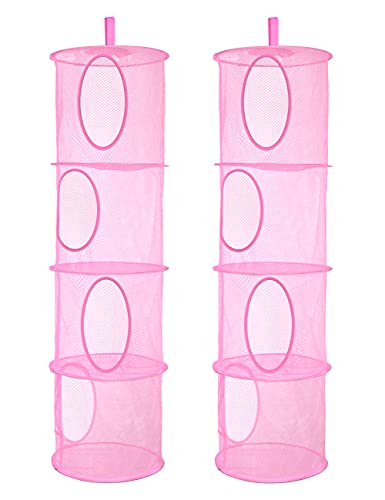 2Pcs Stuffed Animal Storage Foldable Stuffed Animal Net or Hammock Organizer, 4 Compartments Hanging Mesh Toy Storage Hammock for Kid Room Toys, Gloves, Hats, Socks（Pink）