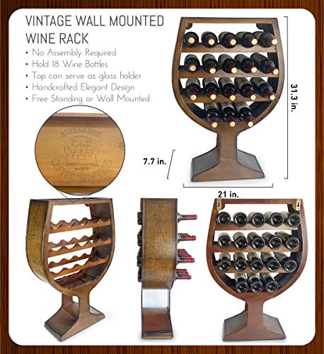 CoTa Global Wine Glass Shaped Wall Mounted Wine Rack - 18 Bottles Freestanding Wooden Wine Holder, Hanging Bottle Rack or Floor Stand, Rustic Wine Storage Shelf Organizer for Wine Bar & Home Décor