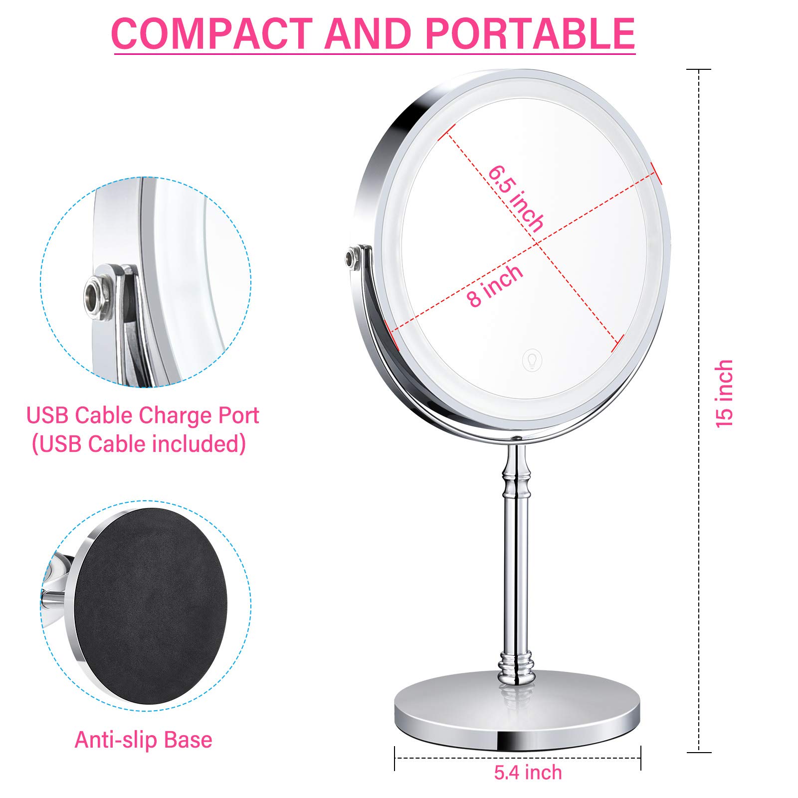 AMZNEVO Rechargeable 8'' Lighted Makeup Mirror, 10X Magnifying Vanity Mirror with 3 Color LED Lights, Double-Sided Cosmetic Mirror Battery Powered, Touch Button Adjust Brightness