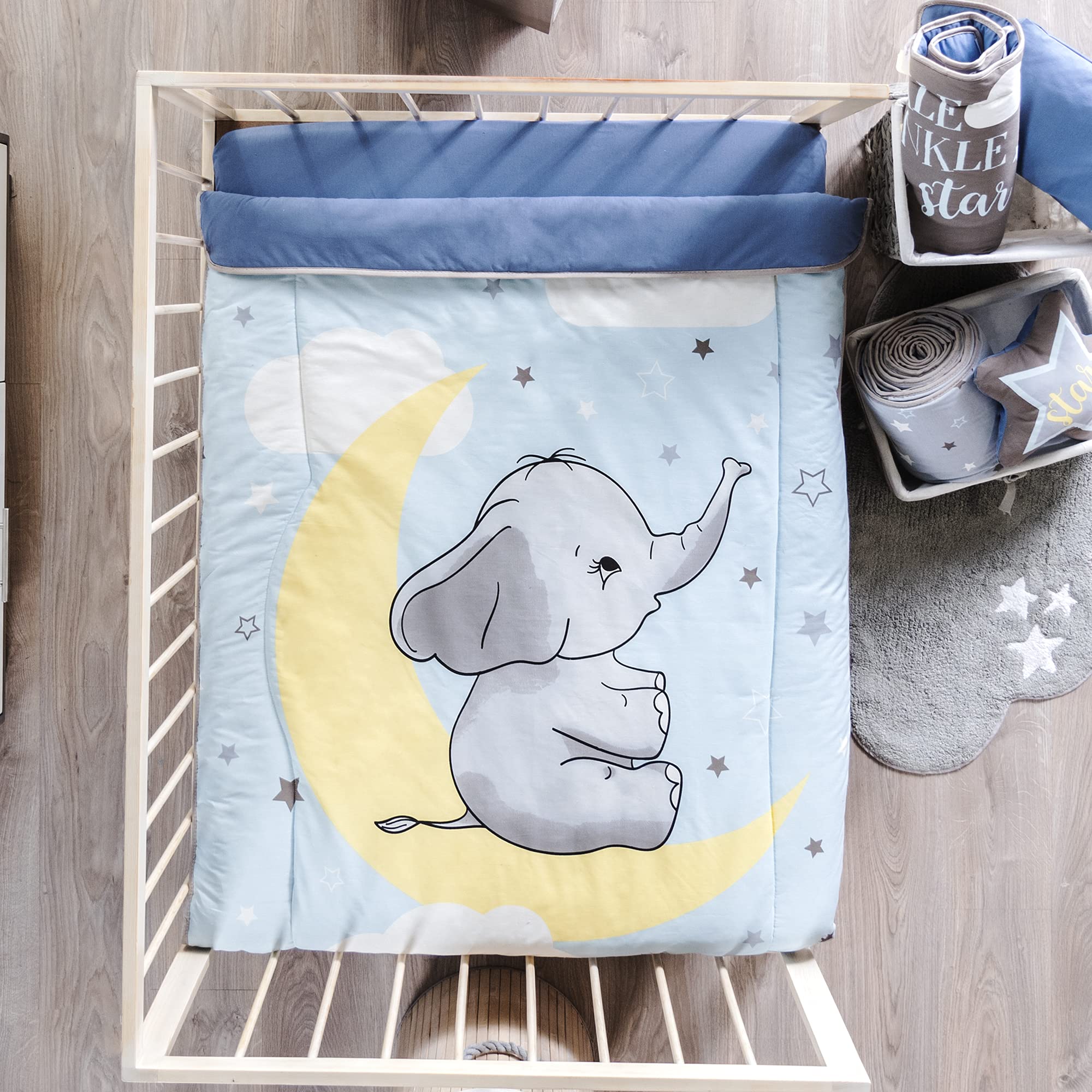DreamPartyWorld Baby Elephant Bedding Crib Nursery Set Boy Blue Moon for Baby Shower Material: 100 Cotton 4 Pieces