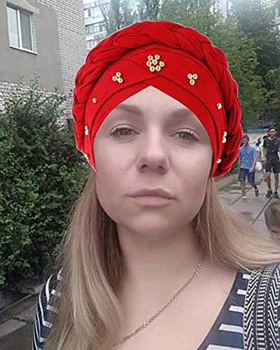 1 Pack / 2 Packs / 4packs Women Turban Twisted Beaded Braid Chemical Cancer Headscarf Cap Hair Covered Wrap Hat Coffee